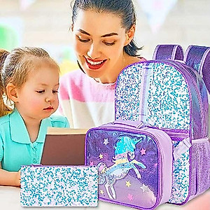 KLFVB 3PCS Unicorn Backpack, 16" Sequin Kids Girls Bookbag and Lunch Box, Preschool Backpacks for Elementary Students