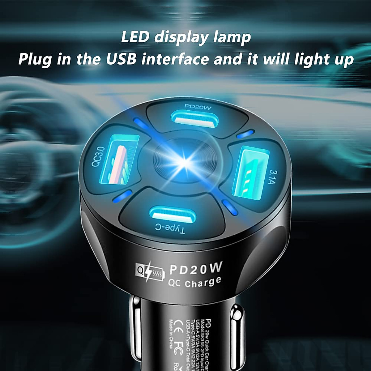 65W 4 Ports Car Fast Charging Charger Cigarette Lighter Adapter,with QC 3.0 15W&PD 20W&Type C Car Phone Charger for iPhone 14 13 12 Pro Max X Xs,S22 S21,iPad & Laptop (Black)