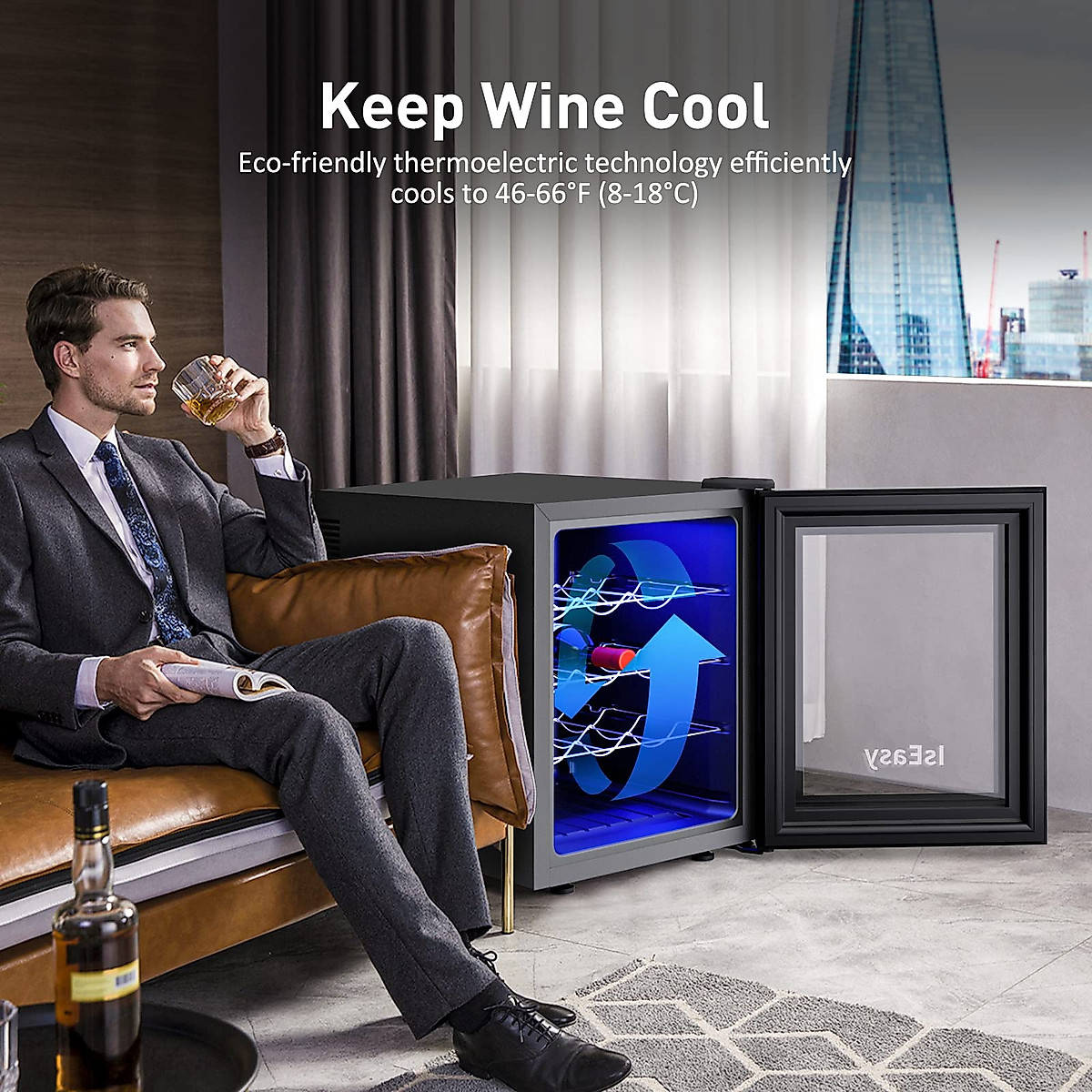 IsEasy 12 Bottles Wine Cooler Refrigerator 46℉-66℉ Temperature Mini Wine Fridge with Double-Layer Tempered Glass Door Wine Cellar for Red Wine, Champagne for Home, Kitchen, or Office