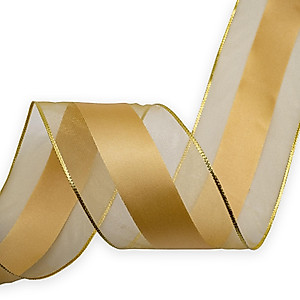 XMRIBBON Wire Edged Ribbon Golden Sheer Edge Satin Ribbon, 2 1/2" x 10 Meters,for Gift Wrapping, Tree Topper, Garland, Christmas Wreath