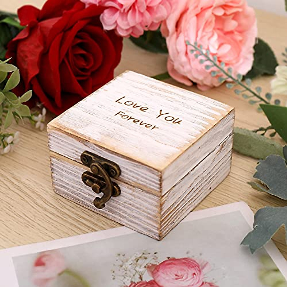 LONGNENG Wooden Ring Box for Wedding Rings and Couple Jewelry,Ring Bearer Box for Display or Personal Organizer,Engraved LOVE YOU FOREVER Lettering