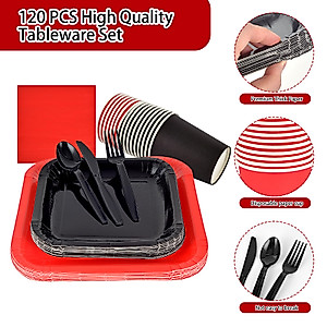 120 Pieces Red and Black Paper Plates and Napkins Party Decorations Supplies Square Red and Black Dinnerware Paper Plates Cups and Utensils Set for 2023 Congrats Grad Wedding Birthday Parities