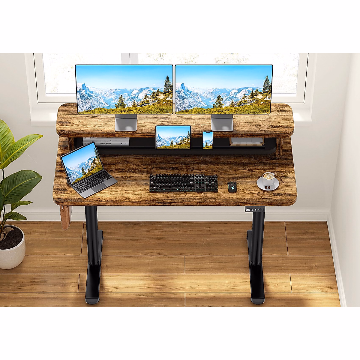 Flycity Electric Standing Desk with Dual Monitor Stand, Height Adjustable Desk Sit Stand Desk with Memory Controller, Casters & 2 Hooks, Low Noise Home Office Desk (Rustic Brown, 48" x 24")