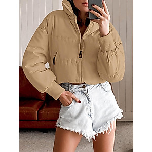 MEROKEETY Women's Winter Cropped Puffer Jacket Long Sleeve Oversized Stand Collar Zip-Up Short Coat