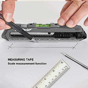 BECOWIN Multipurpose Utility Knife with Level and Ruler, Heavy Duty Metal Retractable Box Cutter Knife, 18MM SK5 Blade, Safety Lock Design for Measuring, Cutting Cartons, Cardboards and Boxes