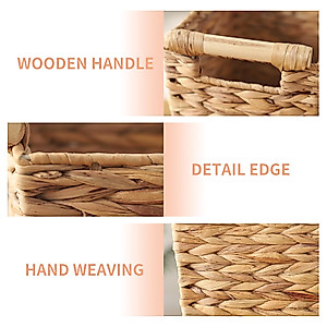 KINGWILLOW Wicker Waste Basket with Wood Handles, Woven Water Hyacinth Trash Can for Sundries Bedroom Bathroom Office