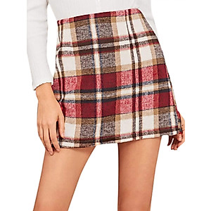 MakeMeChic Women's Plaid Skirt High Waisted Pencil Mini Skirt D Beige red L