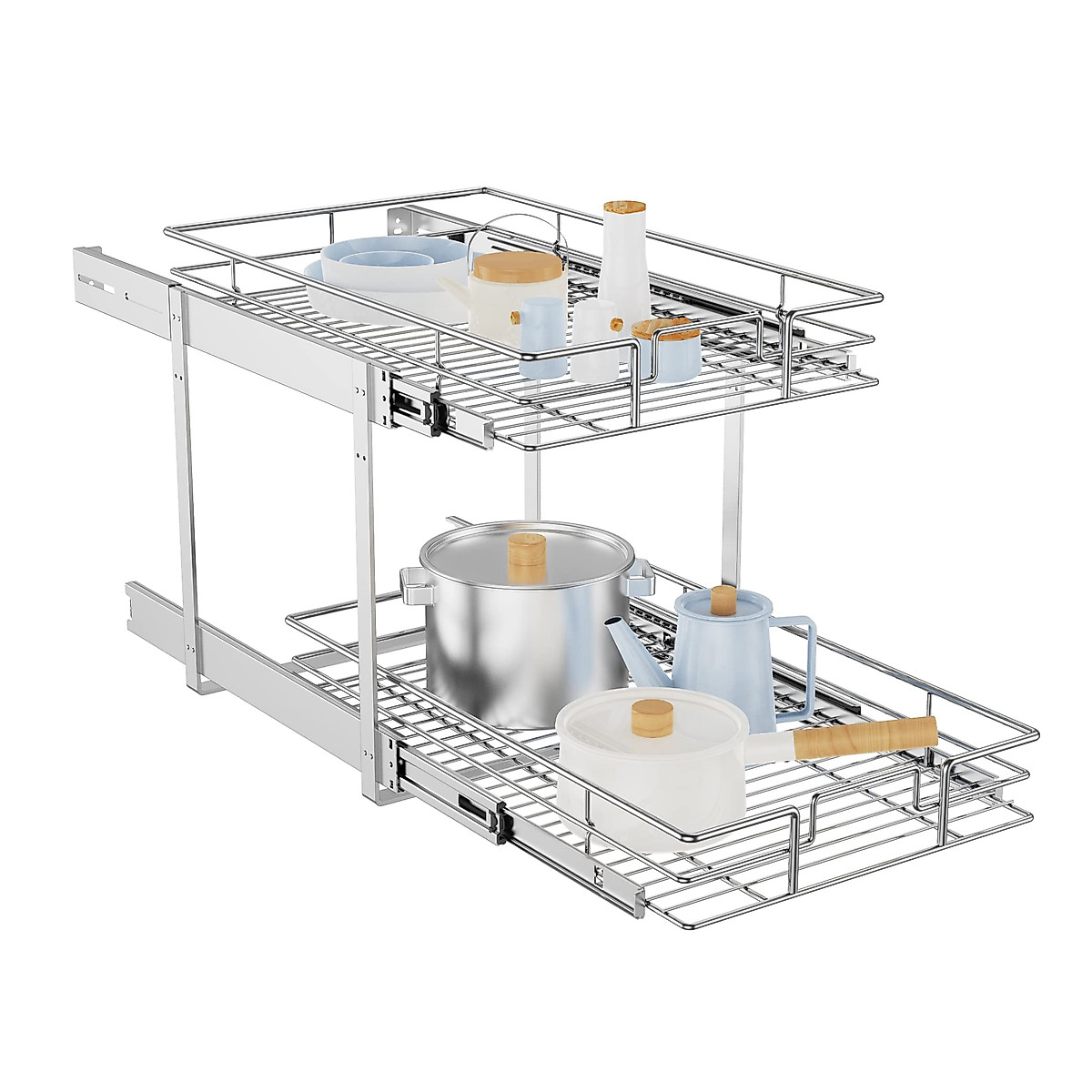 LOVMOR Slide Out Cabinet Drawers Pots and Pans Organizer and Storage, 14" W x 21" D, 2 Tier