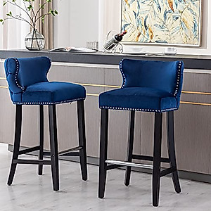 J&K Set of 2 Upholstered Wing-Back Counter Chair with Backstitching Nailhead Trim and Solid Wood Legs (Blue)