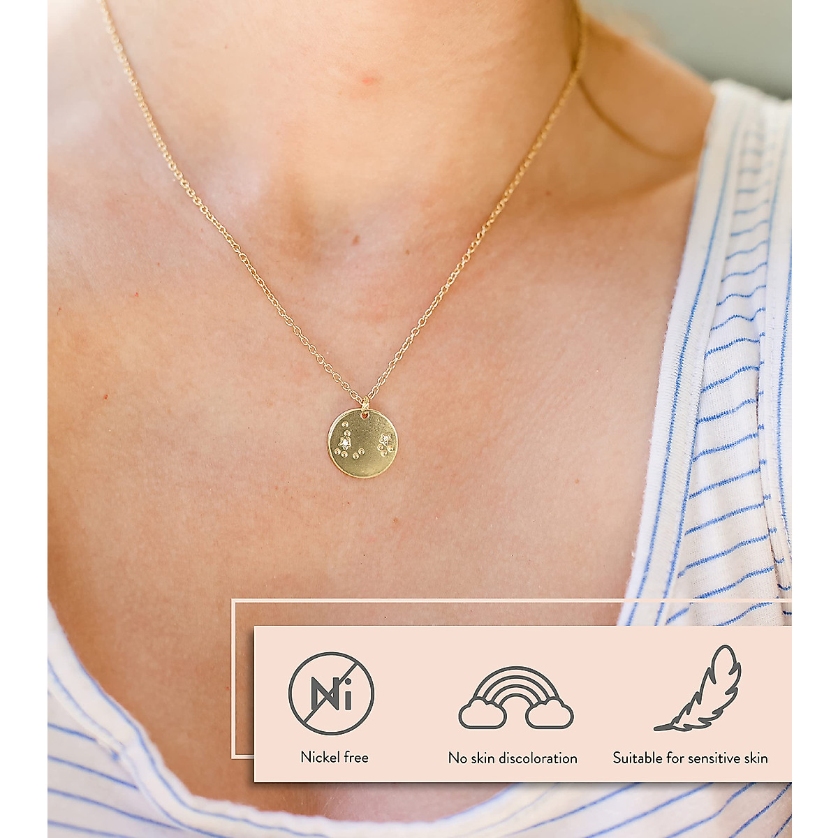 Lucky Feather Pisces Zodiac Sign Constellation Pendant Necklace for Women, 14K Gold-Dipped with Adjustable 16” – 18” Chain