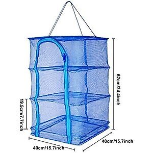 MAHDETP 2.2ft 3 Layer Non-Toxic Nylon Netting Foldable Drying Rack for Fish Vegetables Fruit Herb Practical Hanging Net Dry Cage（15.7 x15.7 x25.6inch）