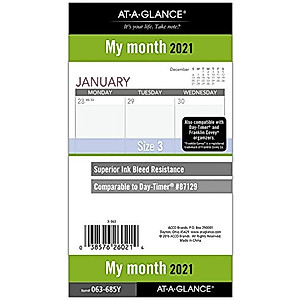 2021 Monthly Planner Refill by AT-A-GLANCE, 87129 DAY-TIMER, 3-3/4" x 6-3/4", Size 3 (063-685Y)