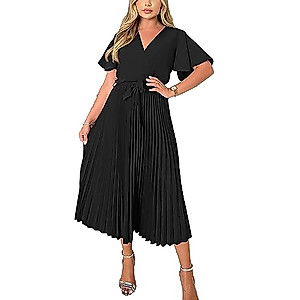 BTFBM Women Wrap V Neck Casual Summer Dresses 2023 Short Sleeve Satin Tie Waist Pleated Flowy Wedding Guest Midi Dress(Solid Black, Medium)