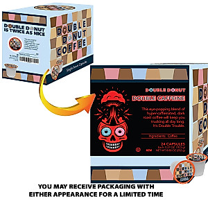 Double Donut High Caffeine Coffee Pods, Extra Strong Double Caffeine Coffee Cups for Keurig K Cup Brewer Machines Single Serve Dark Roast Coffee, 24 Count