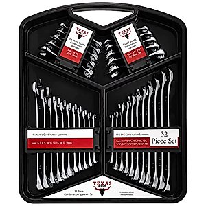 Texas Best Chrome Vanadium Steel Combination Wrench Set | SAE (Inch) & Metric Sizes | Quick Access Hanging Tray | Carry Case Master Organizer Included (32 Pc)