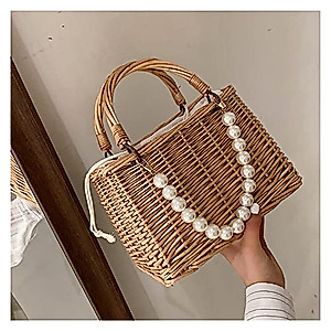 QUUL Lace Purses Handbags Women Summer Rattan Handmade Tote Bags Ladies Ribbons Beach Basket Bag Pearl Beads