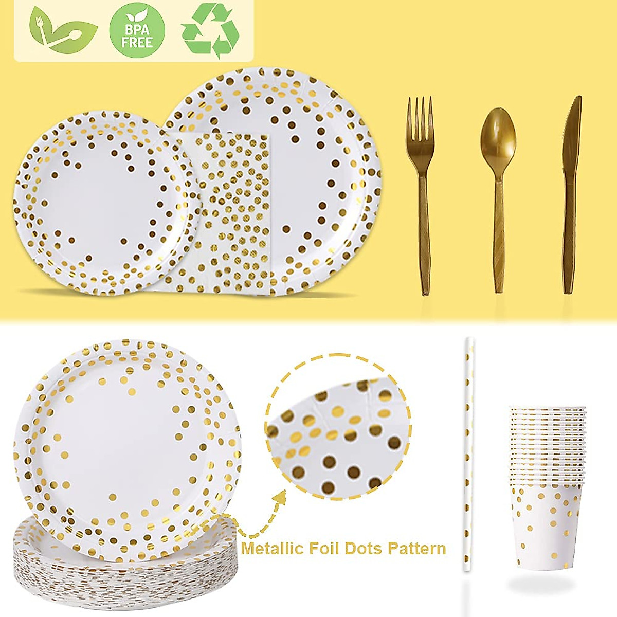 White and Gold Party Supplies Disposable Set 226 Pieces Serves 25 Guests Golden Dots Party Dinnerware, Paper Plates Napkins Cups, Gold Plastic Forks Knives Spoons Balloons for Wedding Birthday Party