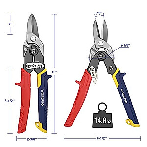 WORKPRO 3-Piece Aviation Snip Set, 10-inch Tin Snips Left, Right and Straight Cut, Metal Cutter Shears Made by Chrome Vanadium Steel, Ergonomical Handle with Hang Hole and Safety Latch