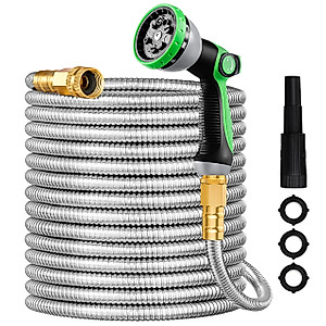 Vorey Metal Garden Hose, 100FT Lightweight 304 Stainless Steel Water Hose with Multifunction Nozzle & Sprayer, Flexible, High Pressure, No Kink, Puncture Proof Hose for Yard, Outdoors