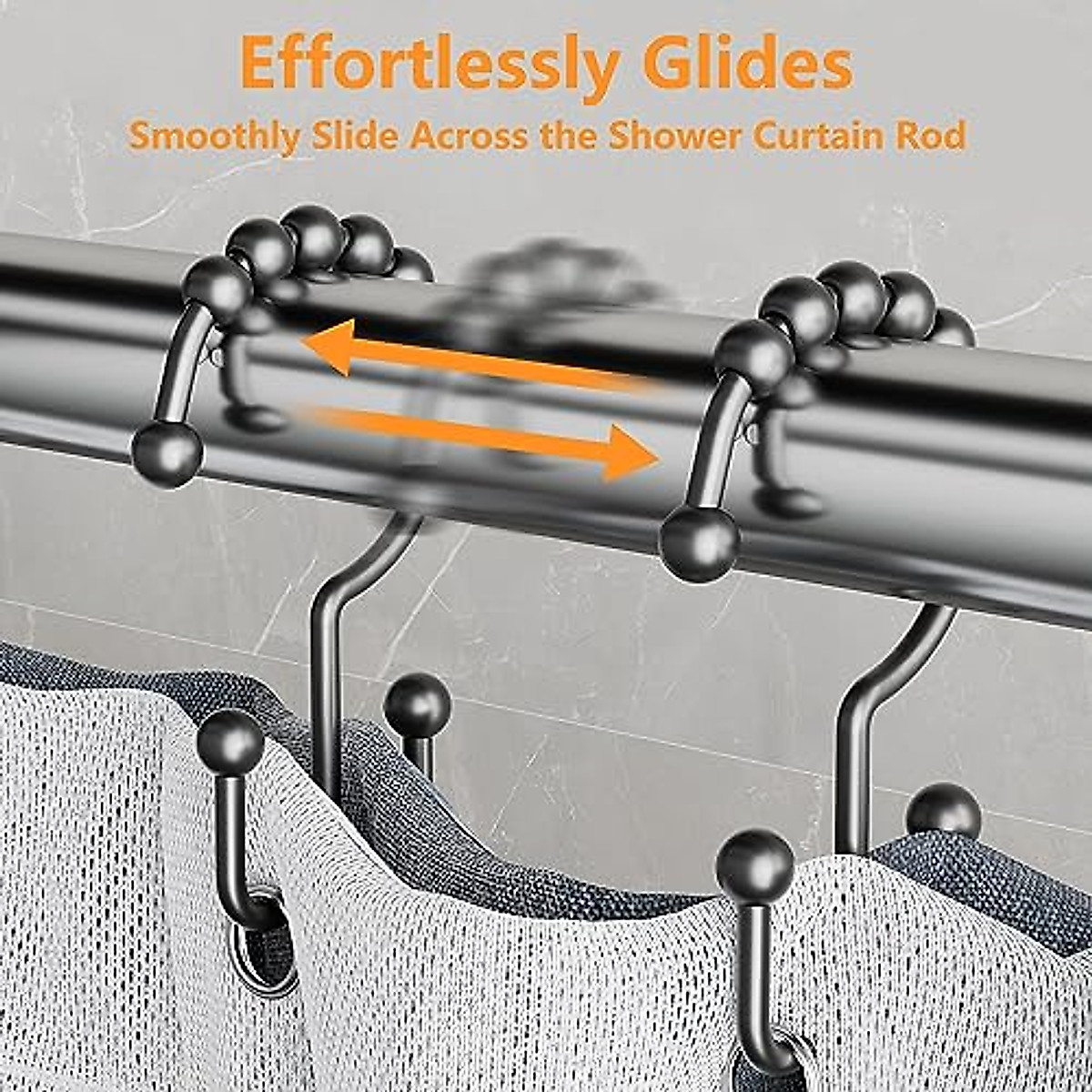 Shower Curtain Hooks, Double Glide Shower Hooks Rings for Bathroom Shower Rods Curtain, RustProof Metal Curtain Rod Hangers - Set of 12, Matte Black