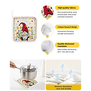 2 Pack Pot Holders for Kitchen,Spring Idyllic Gnome Yellow Daisy Flower Red Ladybug Heat Proof Potholder Hot Pads Trivet,Elf Country Floral Plant Washable Coaster Potholders for Cooking Baking