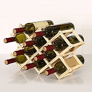 Famolay Wooden Wine Rack, 10 Bottle Free Standing Wine Storage Racks Countertop, Stackable Stand Foldable Tabletop Bottle Holder Cabinets Shelf for Cellar Pantry Home Kitchen Bar