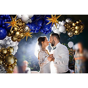 FOTIOMRG 136pcs Royal Blue and Gold Balloons Arch Garland Kit with Star Foil Balloons, 5 10 12 18 inch Navy Blue White and Gold Balloon for Anniversary Wedding New Year Birthday Party Decorations