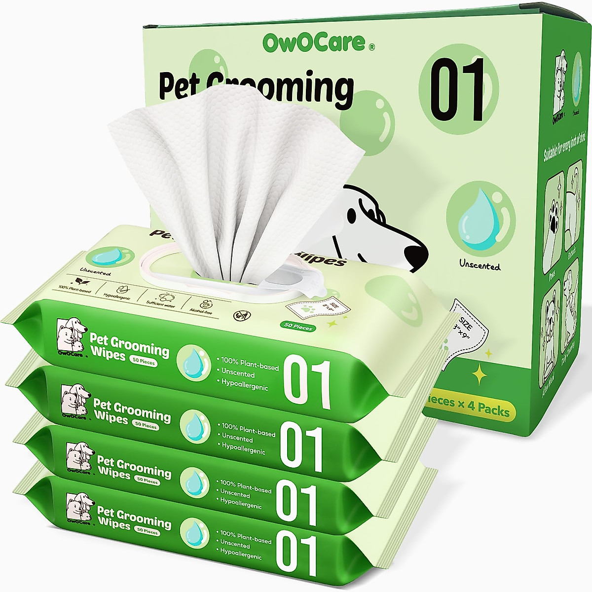 OWOCARE Dog Wipes for Paws and Butt, Plant-Based Large Pet Wipes for Dogs/Cats Hypoallergenic, 8X9 Inch Easy to Use Dog/Cat/Puppy Cleaning Grooming Wipes, Gentle, Degradable (200 Count,Unscented)