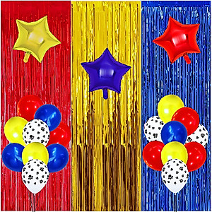 Paw Birthday Decorations, Paw Party Supplies Red Blue Gold Foil Fringe Curtain, Red Blue Yellow Balloons, Dog Paw Print Balloons for Kids Baby Shower Party Decorations