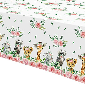 HIPVVILD Safari Tablecloth for Girls - Disposable Jungle Party Tablecover Supplies, Jungle Animal Safari Theme Birthday Baby Shower Table Cloth Decorations - 4 Pack (54in x 108in)