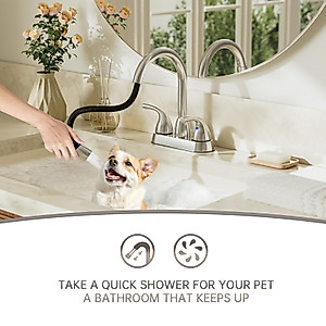 Phiestina Pull Down Sprayer Chrome 4 Inch Bathroom Faucet，3 Hole Centerset Pull Out Bathroom Sink Faucet，with 360 Swivel Spout，Metal Pop-Up Drain and Water Supply Lines，BF04007-B11-C