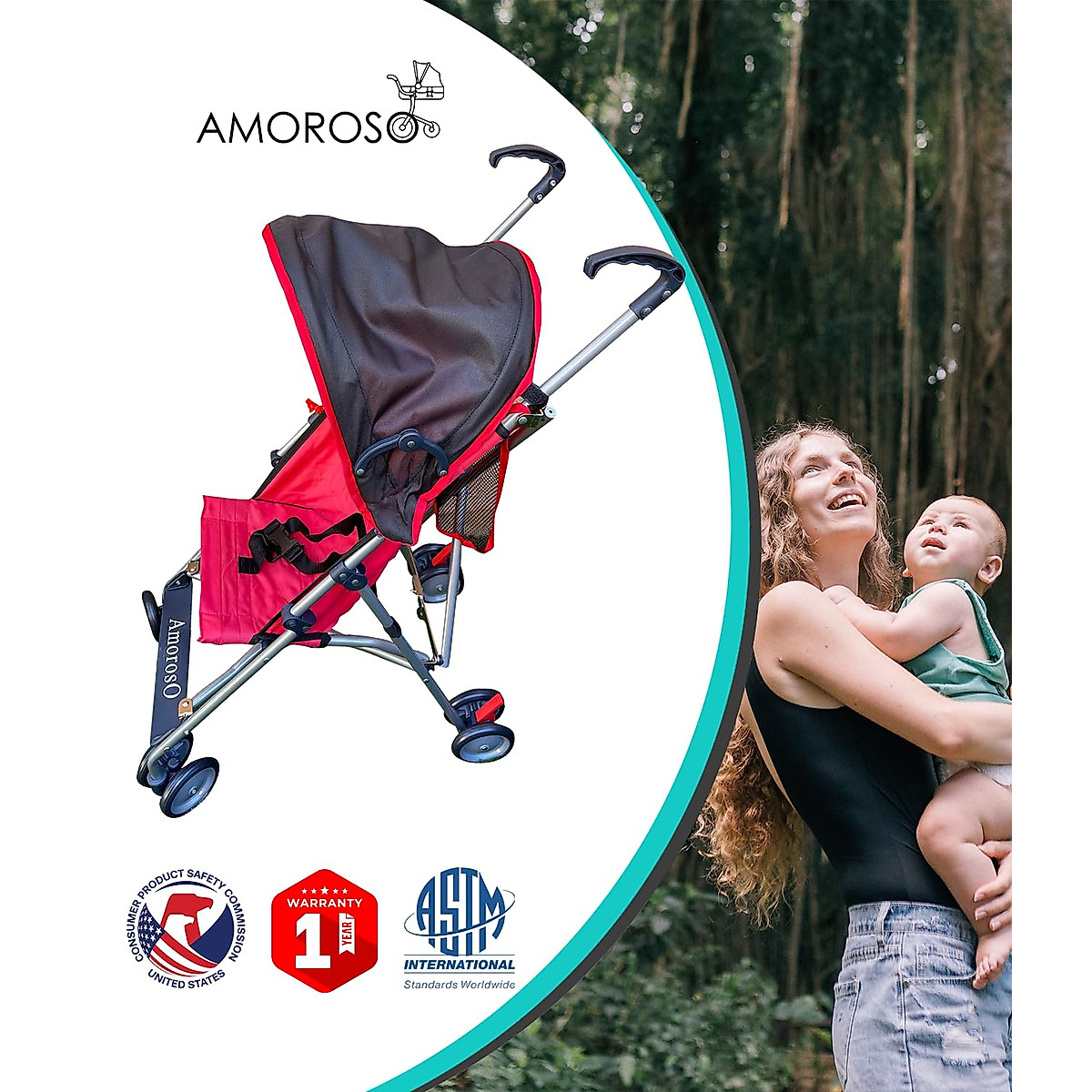 AmorosO Single Umbrella Stroller for Toddler, Travel Stroller for Babies - Sunlight and Light Rain Protection - Baby Stroller with Four EVA Wheels - Travel-Ready Stroller - Round Canopy (Red/Black)