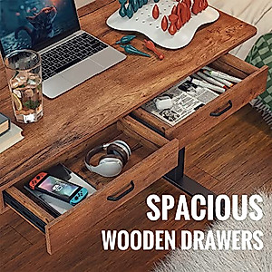 FEZIBO Adjustable Height Electric Standing Desk with Double Drawer, 55x 24 Inches Stand Up Home Office Desk with Splice Tabletop, Black Frame/Fir Brown Top