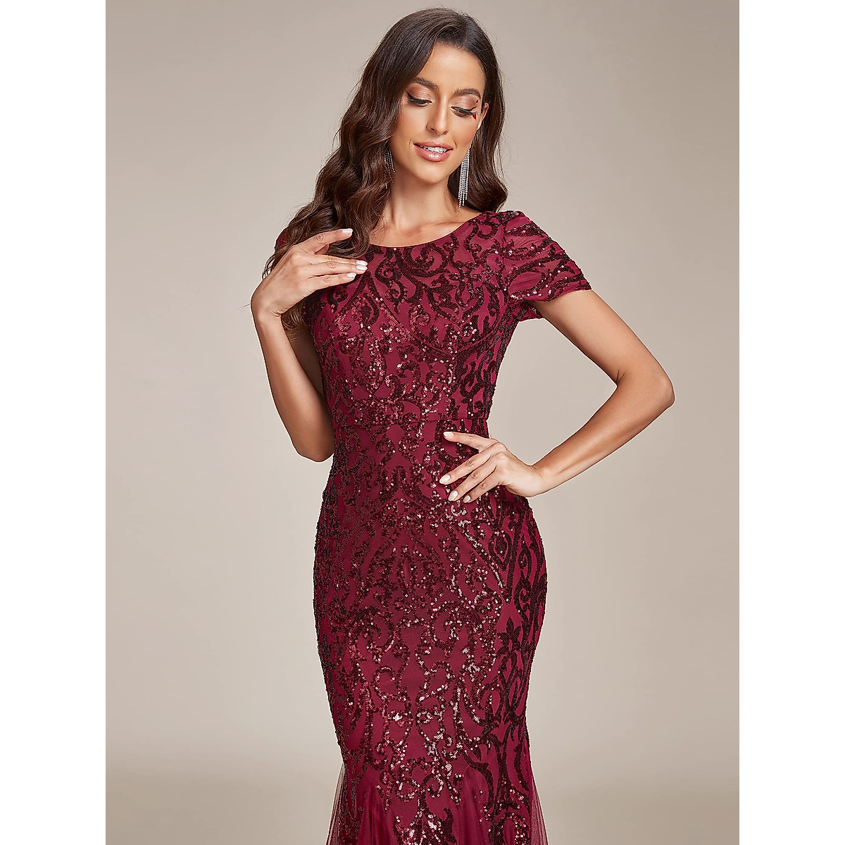 Ever-Pretty Women's Tulle Sequin Bodycon Open Back Mermaid Formal Gowns and Evening Dress Burgundy US8