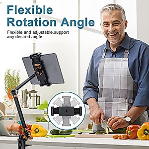 ZEXMTE Tablet Stand Holder, Adjustable Desktop Tablet Holder Mount Foldable Phone Stand with 360° Swivel Phone Clamp Mount Holder,Stable Tablet Stand for iPad 4.7-12.9" Tablets/Phones-Black