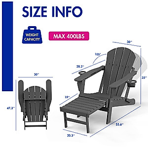 BRIOPAWS Folding Adirondack Chair with Adjustable Backrest & Ottoman, Wood Texture All-Weather HDPE Outdoor Chairs w/Cup Holders & Retractable Footrest for Poolside, Fire Pit, Campfire, Deck, Grey