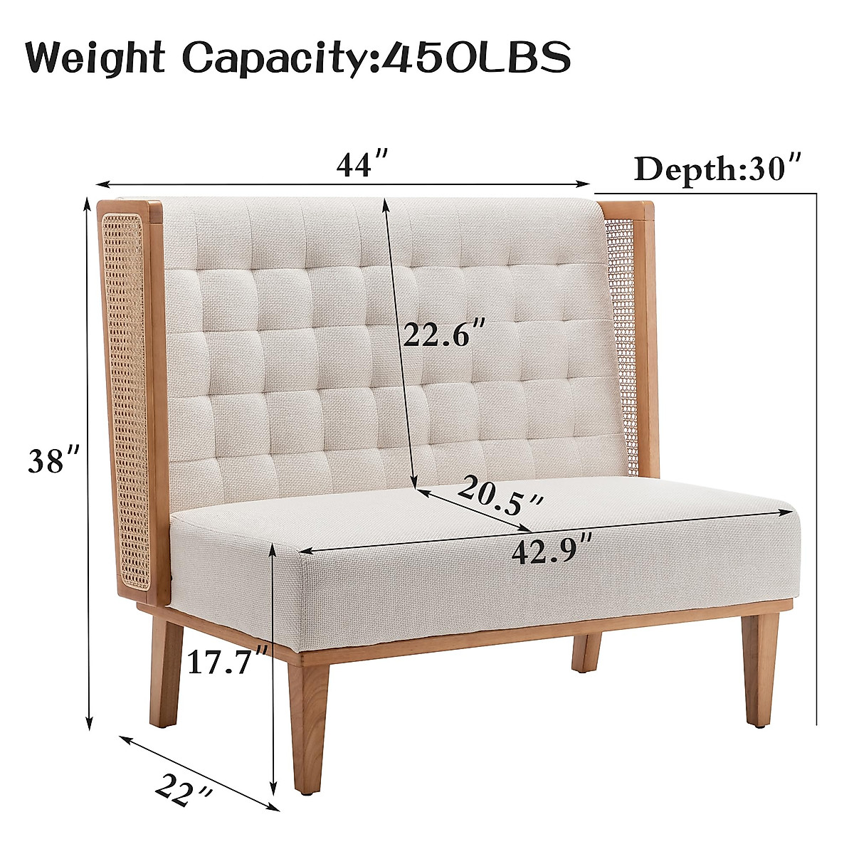 Andeworld Loveseat Settee Bench with Rattan Arms, Upholstered Modern Mini High-Back Sofa Couch,Banquette Dining Bench for Living Dining Room Bedroom Office Small Space Entryway，Beige