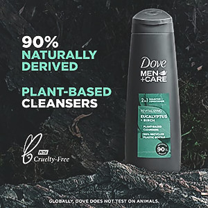 Dove Men+Care 2 in 1 Shampoo & Conditioner Eucalyptus & Birch 4 Count For Healthy-Looking Hair Naturally Derived Plant Based Cleansers 12 oz