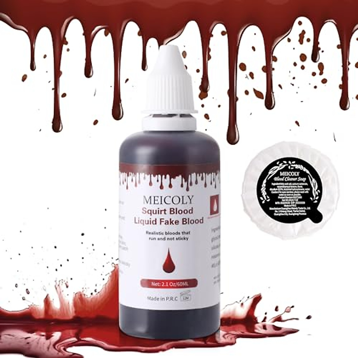 MEICOLY 2.1Oz Halloween Dripping Fake Blood, Safe Realistic Washable Edible Liquid Blood with 0.7 Oz Cleaning Soap,Squirt Blood for Clothes,Zombie Vampire Monster,SFX Cut Wound Makeup,Dark