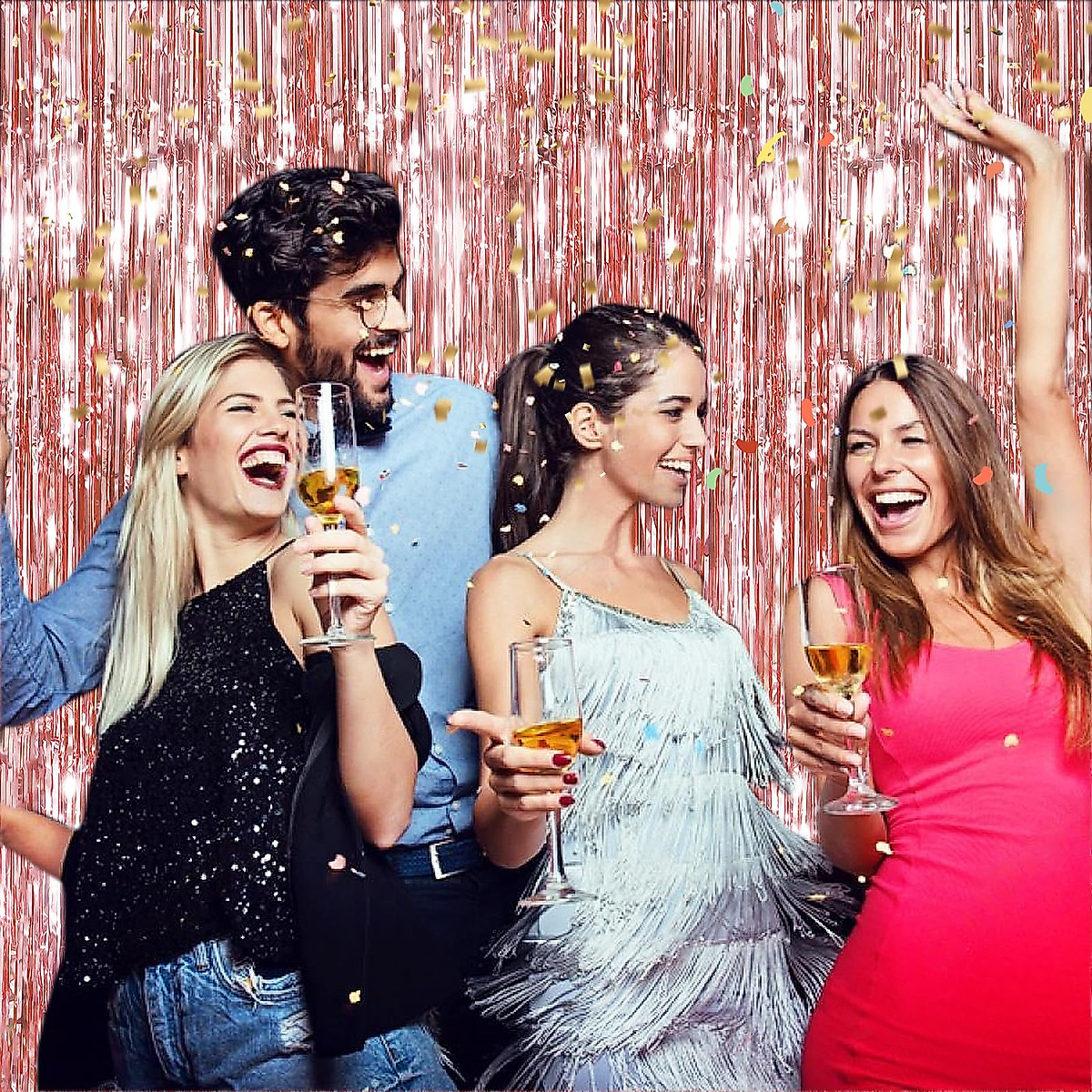 Rose Gold 3 Pack Metallic Tinsel Foil Fringe Curtains, 3.3x8.3 Feet Rose Gold Streamers Backdrop for Party, Door Streamers Party Decorations, Party Streamers for Birthday Christmas Party Decorations