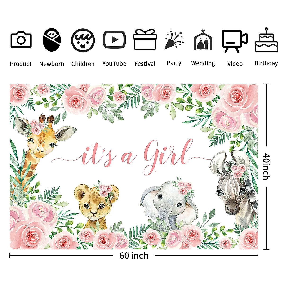 HIPVVILD Safari Baby Shower Backdrop Decorations, Jungle Animal Theme Baby Shower Party Supplies for Girl, It’s a Girl Backdrop, Safari Jungle Animal Theme Party Background Photo Booth Banner | 5x3ft