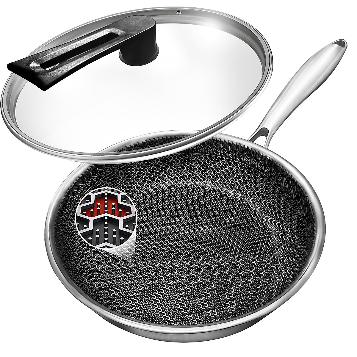 Frying Pans Nonstick with Lid,10.9inch(Interior Size:10.2inch) Hybrid Stainless Steel Non Stick Frying Pans,Skillets and Frying Pans,PFOA Free Cookware,Dishwasher and Oven Safe, Works on All Cooktops