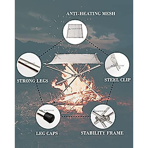 NACETURE 22 Inch Portable Outdoor Fire Pit - Portable Fire Pit Collapsing Stainless Steel Mesh Fireplace Foldable - Camping Gear for Patio, Backyard and Garden add 5 Pack Roasting Sticks