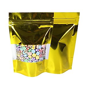 Pack of 100 Shiny Glossy Color w/Clear Window Stand-Up Heat Sealable Zip Top Bags (Shiny Gold w/Window, 10x15cm (4x6"))