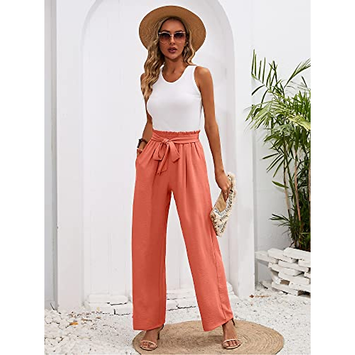Heymoments Women's Wide Leg Lounge Pants with Pockets Coral Large Lightweight High Waisted Adjustable Tie Knot Loose Comfy Casual Trousers