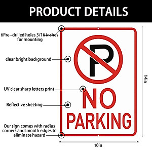 6 Pcs No Parking Signs with Symbol Sign 14 x 10 Inches Reflective Aluminum Nonparking Sign, UV Protected, Weather Resistant, Waterproof, Durable Ink Industrial Warning Signs, Easy to Mount