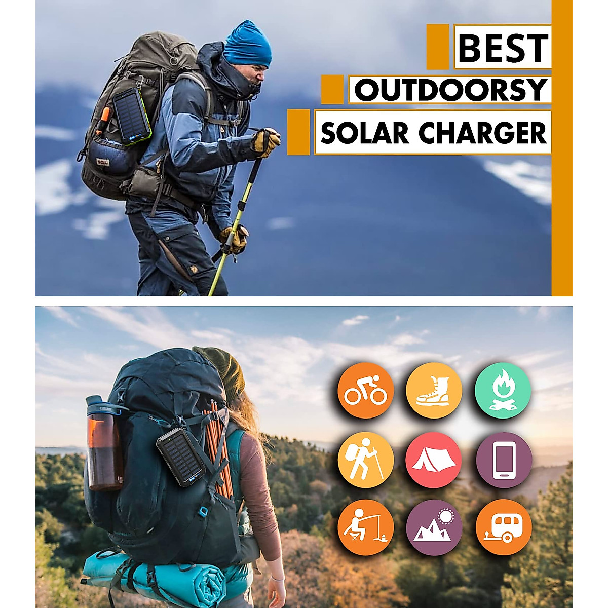 Solar Charger Power Bank 20000mAh, Portable Solar Pone Charger with Compass,Carabiner, Whistle,Flashlights,Solar Panel Charger,Camping Gear Accessory (Green)