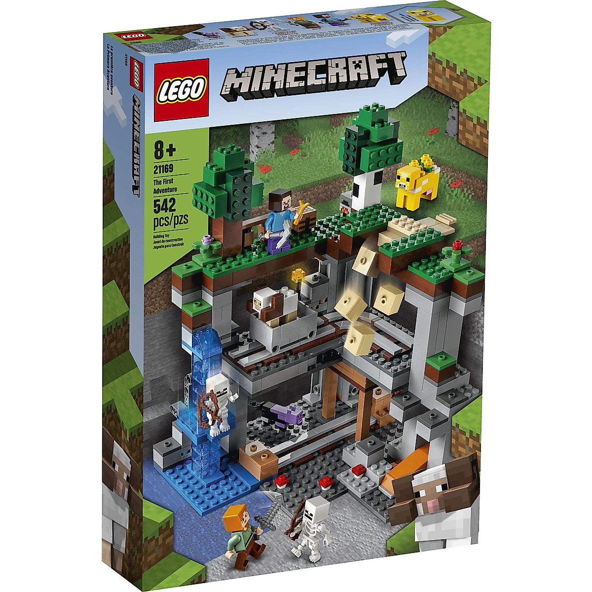 LEGO Minecraft The First Adventure 21169 Hands-On Minecraft Playset; Fun Toy Featuring Steve, Alex, a Skeleton, Dyed Cat, Moobloom and Horned Sheep, New 2021 (542 Pieces)
