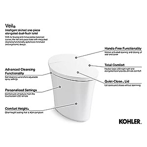 Kohler K-5401-PA-0 Veil Comfort Height Skirted One-Piece Elongated Dual-Flush Intelligent toilet, White
