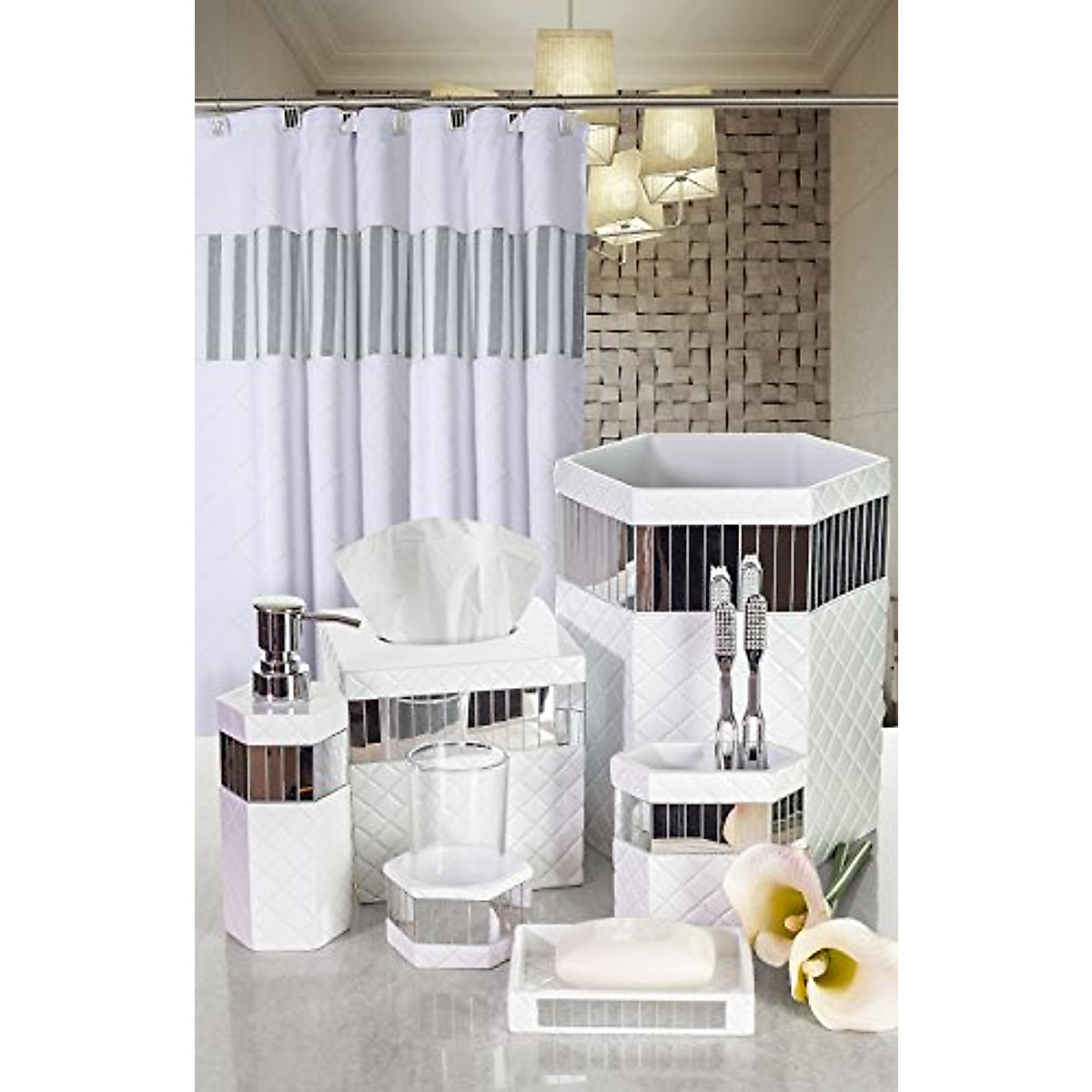 Creative Scents White Bathroom Accessories Set - Decorative 6 Piece Bathroom Accessory Set Features: Trash Can, Tissue Cover, Soap Dispenser, Toothbrush Holder, Tumbler & Soap Dish (Quilted Mirror)